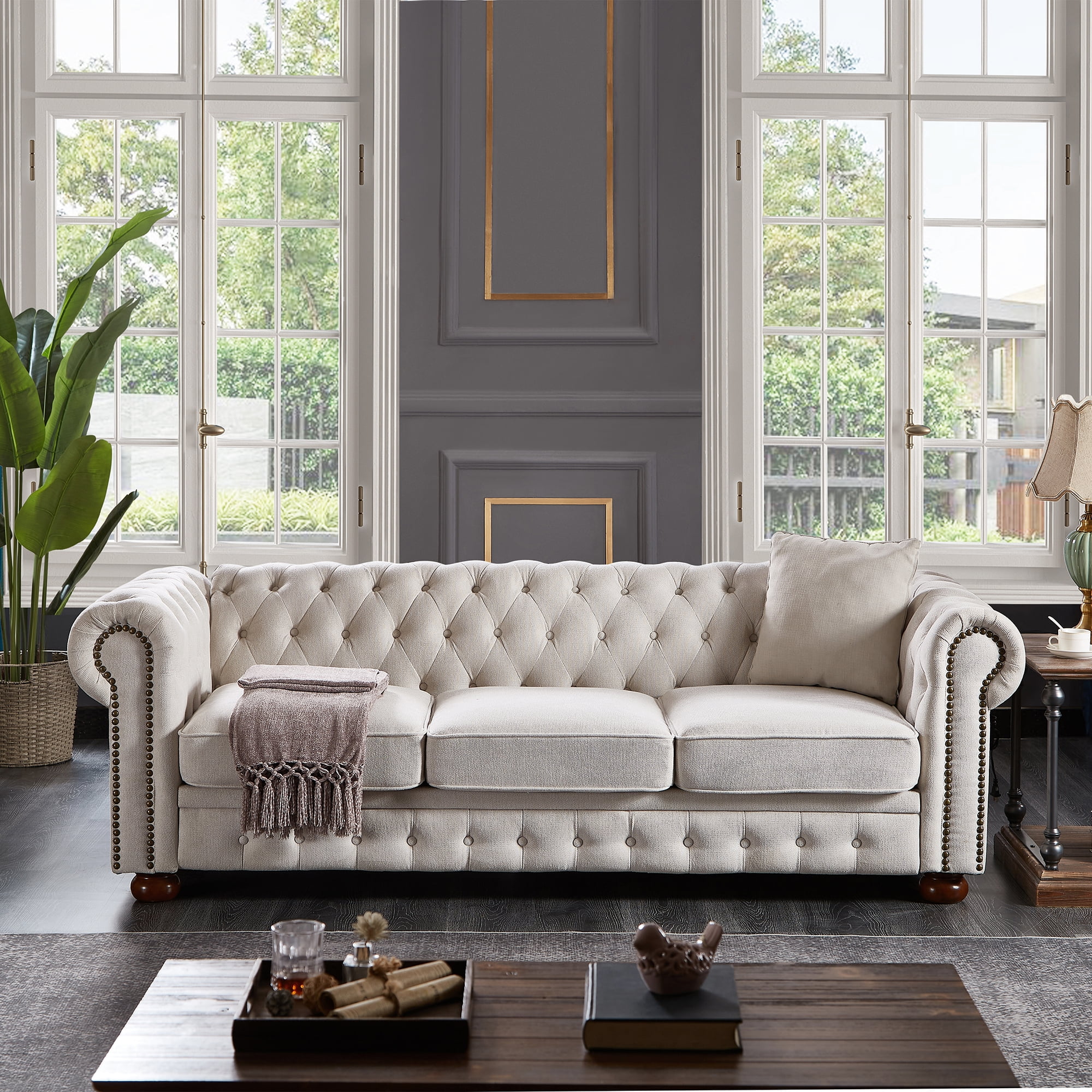Chesterfield Tufted Sofa, 3 Seater Sofa with Rolled Arms, Nailhead Trim ...
