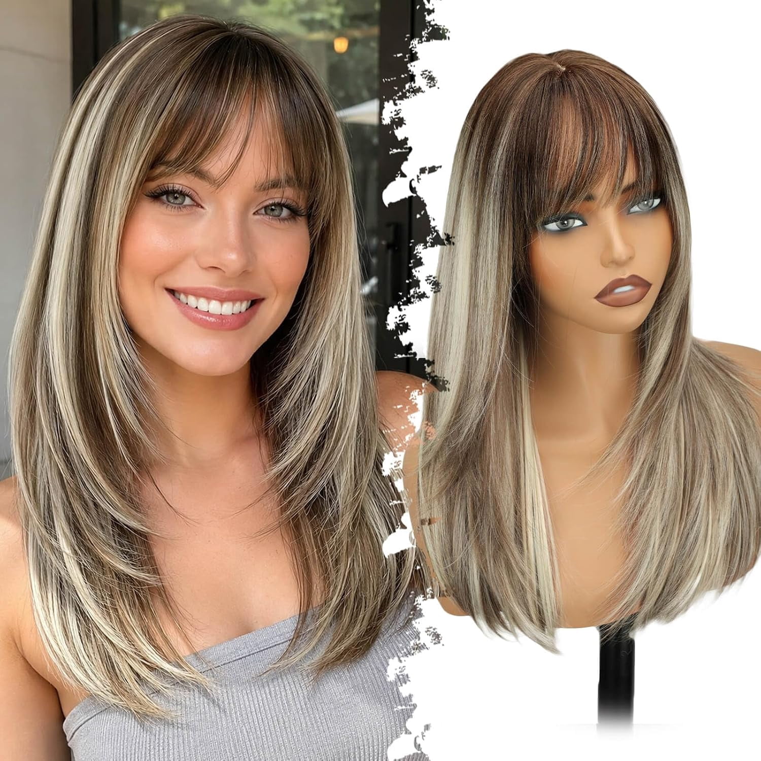 Chestnut Brown Medium-Length Synthetic Wig with Bangs for Women, 4x4 ...