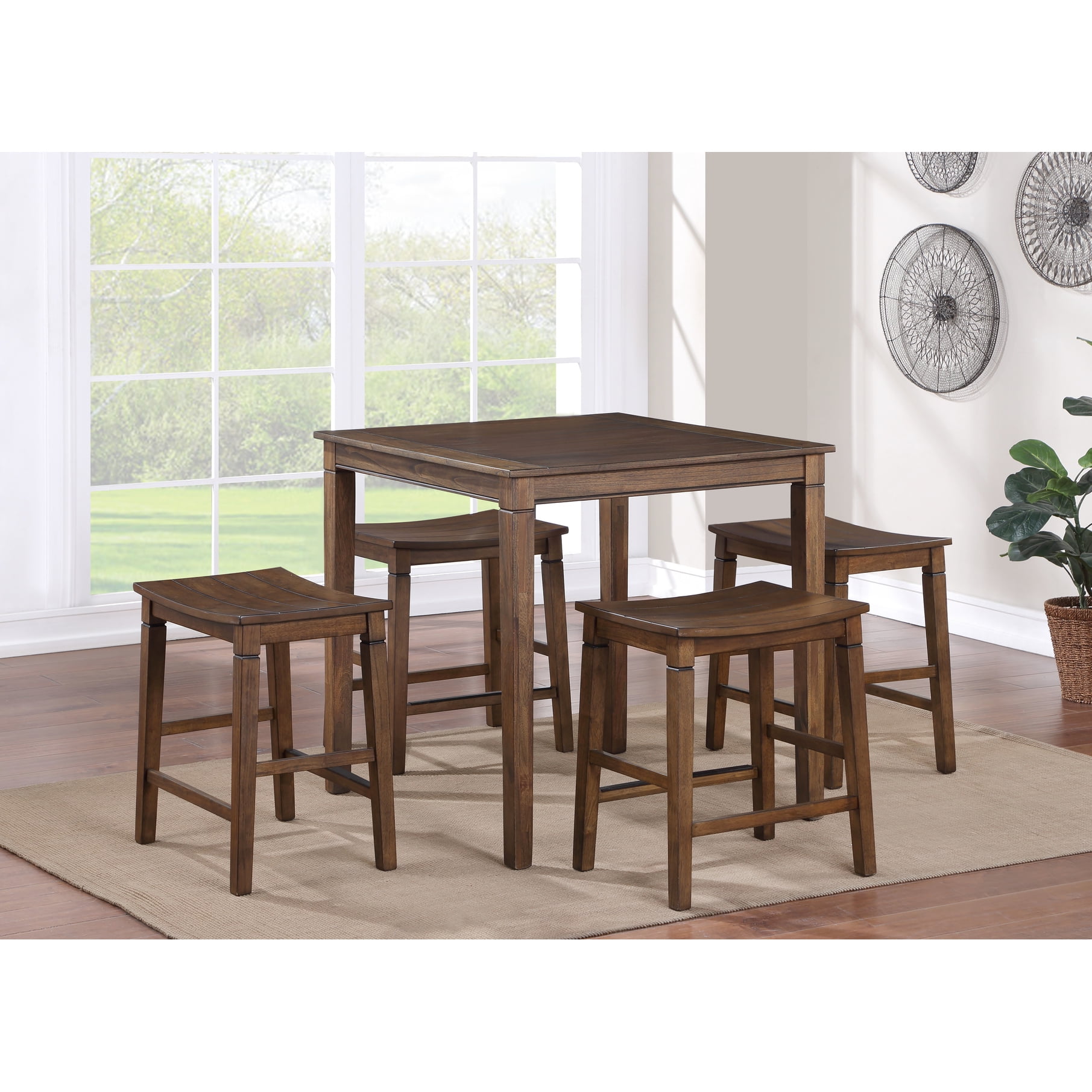 Chestnut Finish Compact 5 Counter Dining - Plank Tabletop And Shaped ...