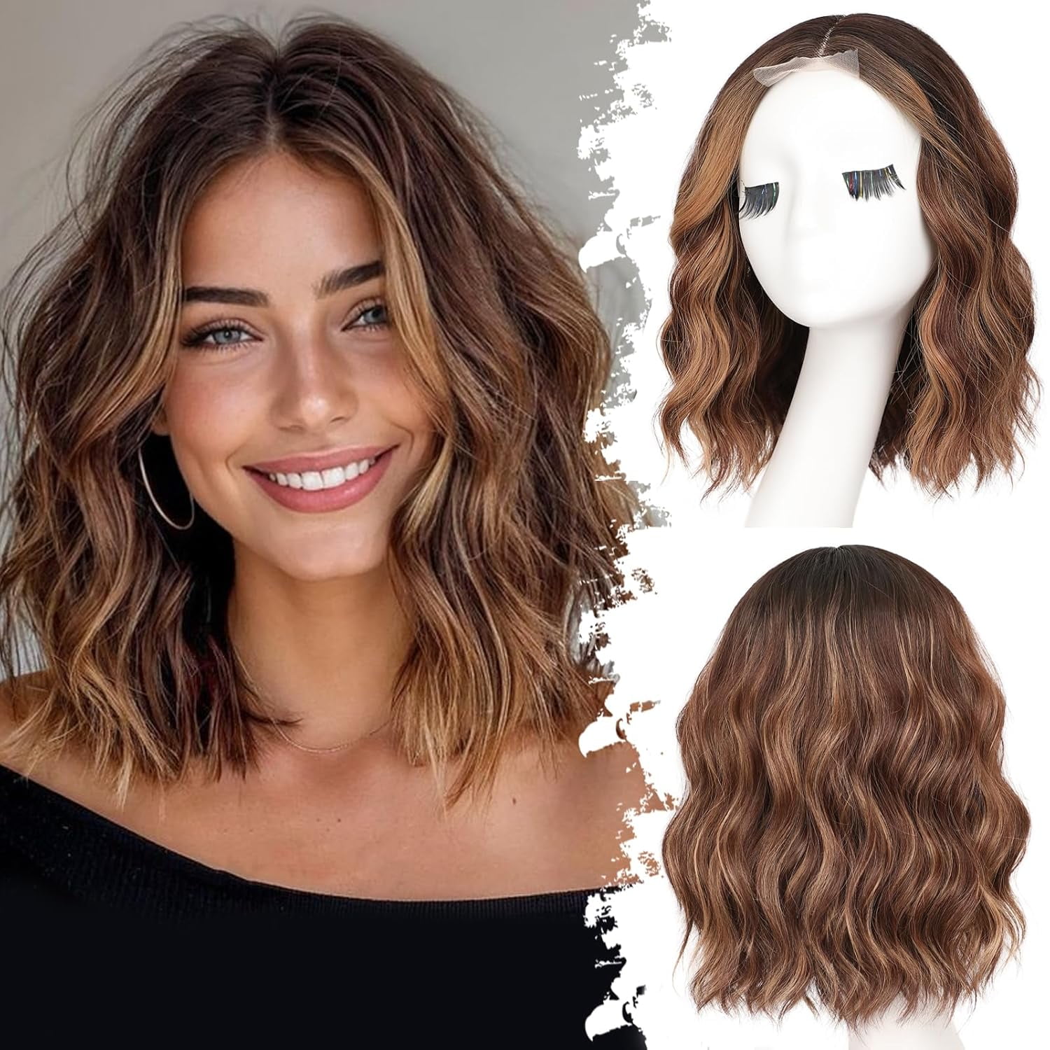 Chestnut Highlight Short Wavy Wig for Women Lace Hairline Bob Style ...