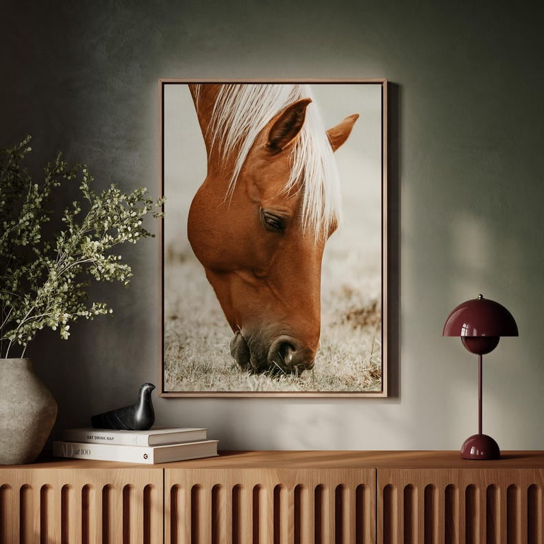Chestnut Horse Grazing Close-Up Canvas – Warm Rustic Farm Animal Wall ...