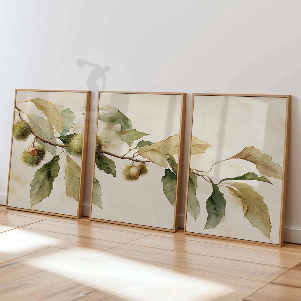 Chestnut Tree Botanical Leaf Rustic Branch Vintage Wall Art Print Set 3 ...