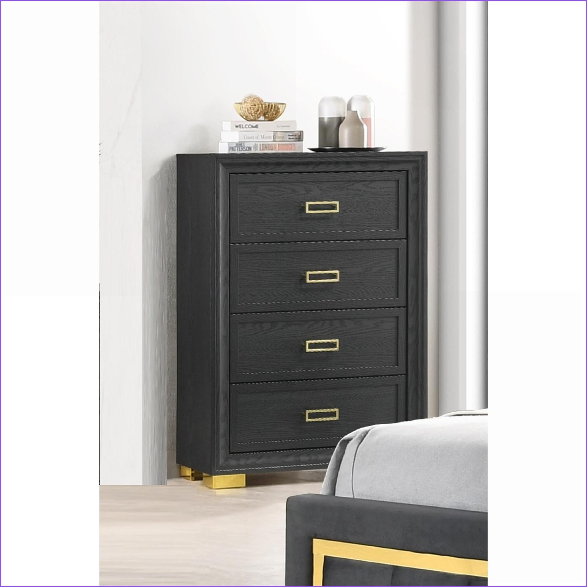 Chests: Modern Glam 4-Drawer Dark Gray Chest with Gold Hardware | Dark ...