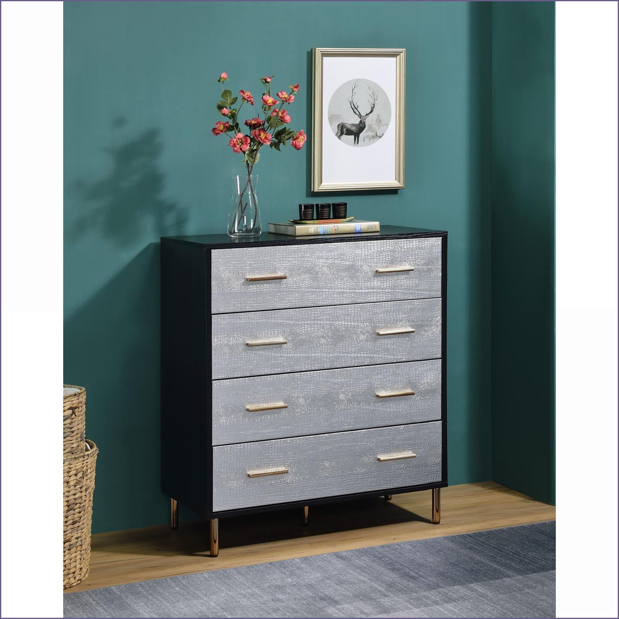Chests | Myles 4-Drawer Chest with Black Silver Gold Finish & Faux Croc ...