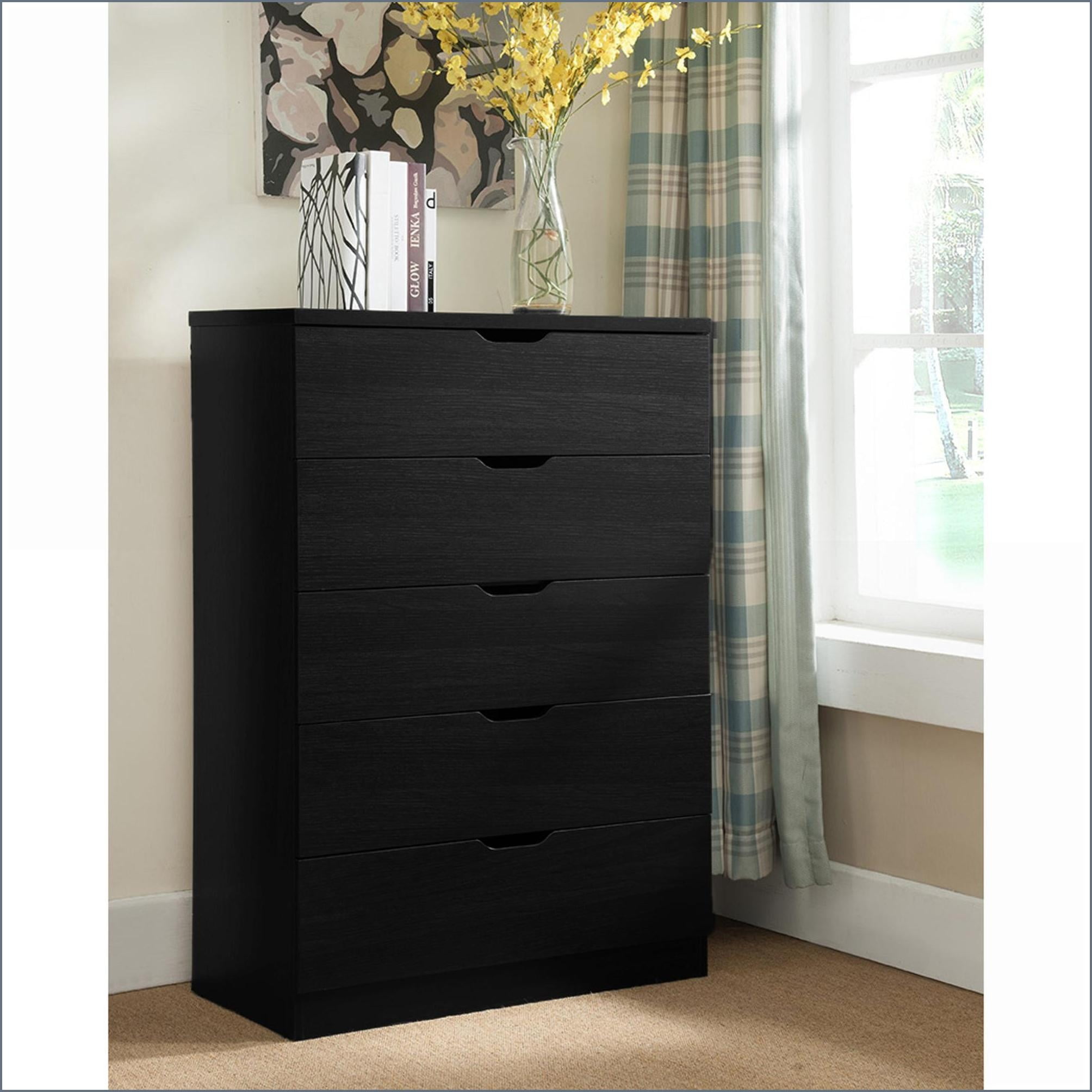 Chests & Wardrobes | Modern Black 5-Drawer Storage Chest with Metal ...