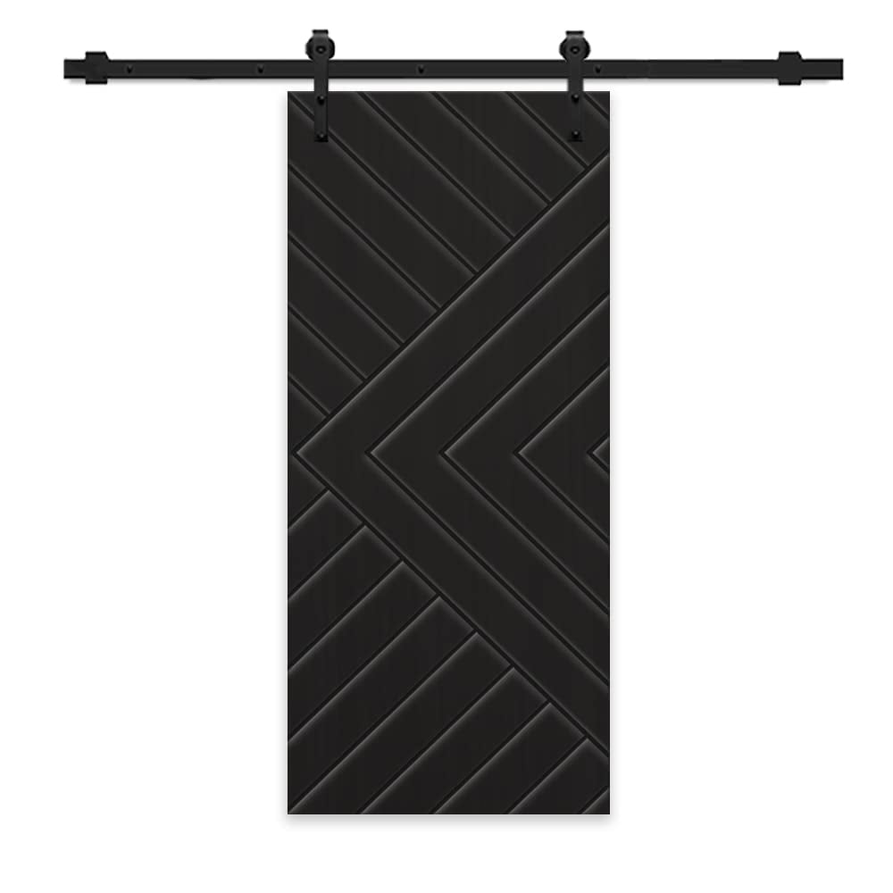 Chevron Arrow 42 in. x 96 in. Fully Assembled Black Stained MDF Modern Sliding Barn Door with ...
