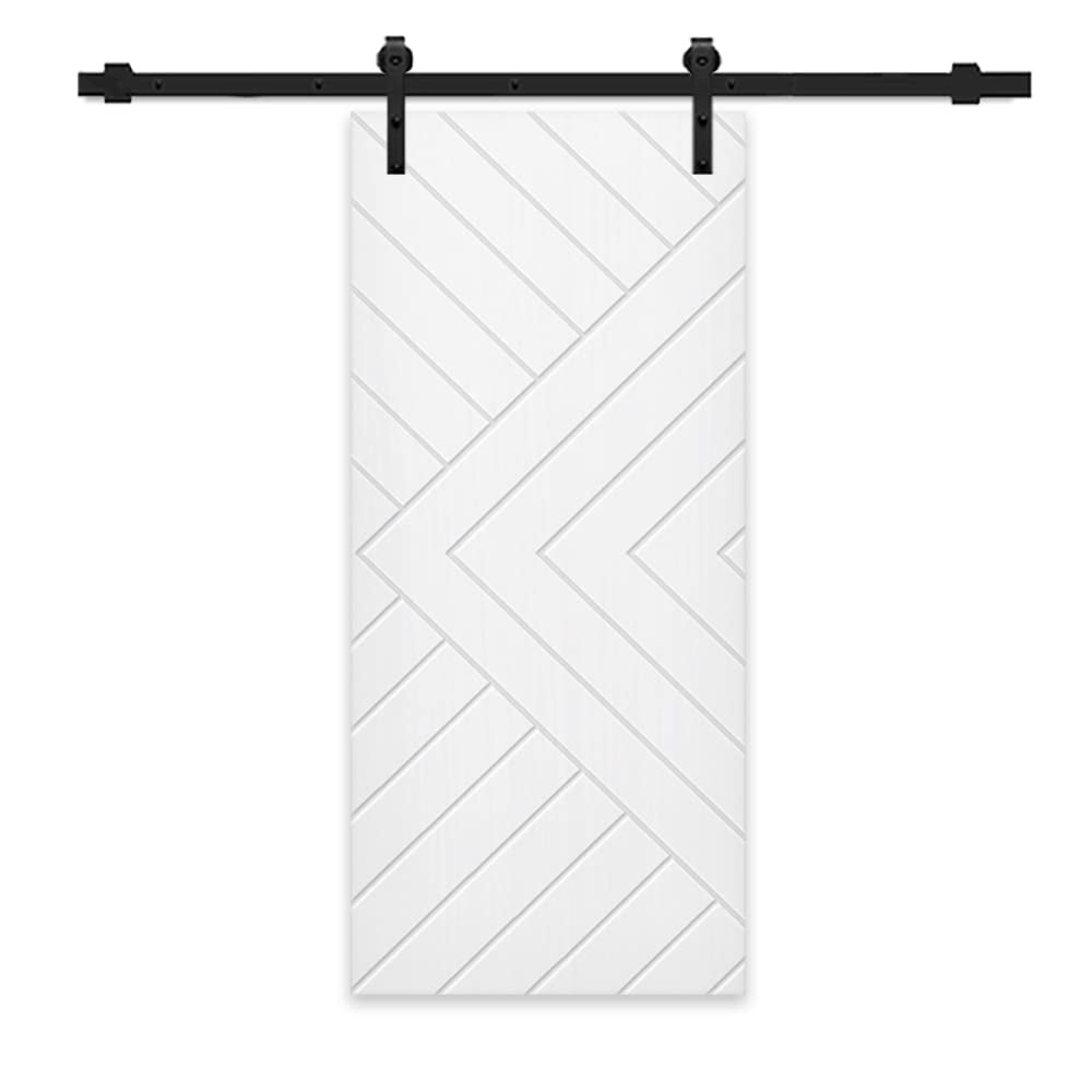 Chevron Arrow 42 in. x 96 in. Fully Assembled White Stained MDF Modern Sliding Barn Door with ...