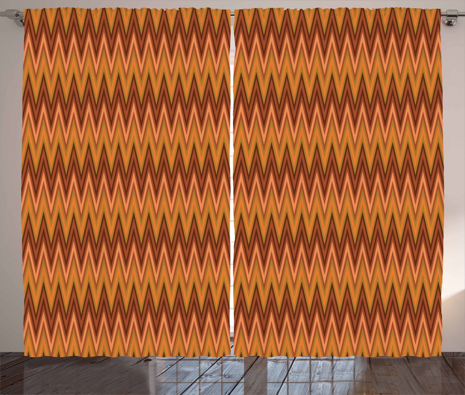 Chevron Curtains 2 Panels Set, Earth Toned Geometric Zigzags Lines ...