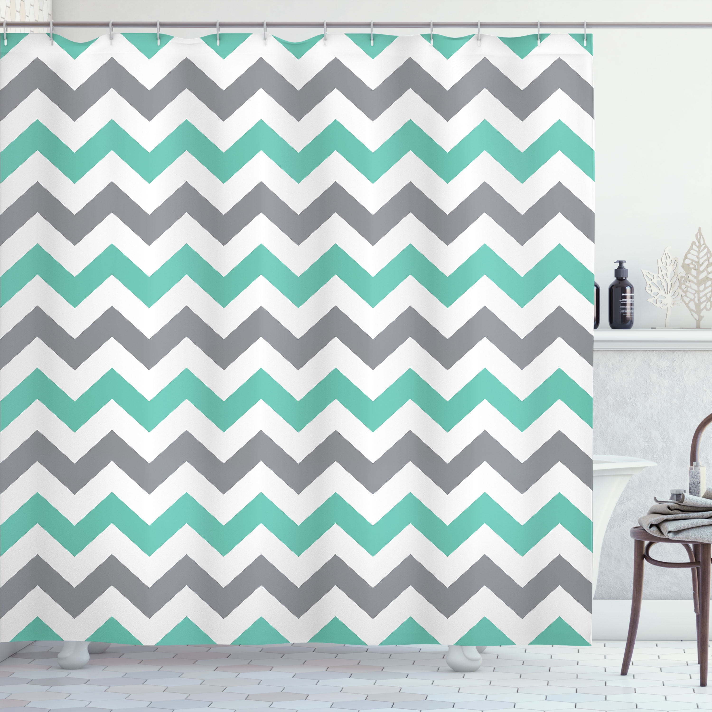 Chevron Decor Shower Curtain Set, Chevron Pattern Geometric Wavy Zigzag ...