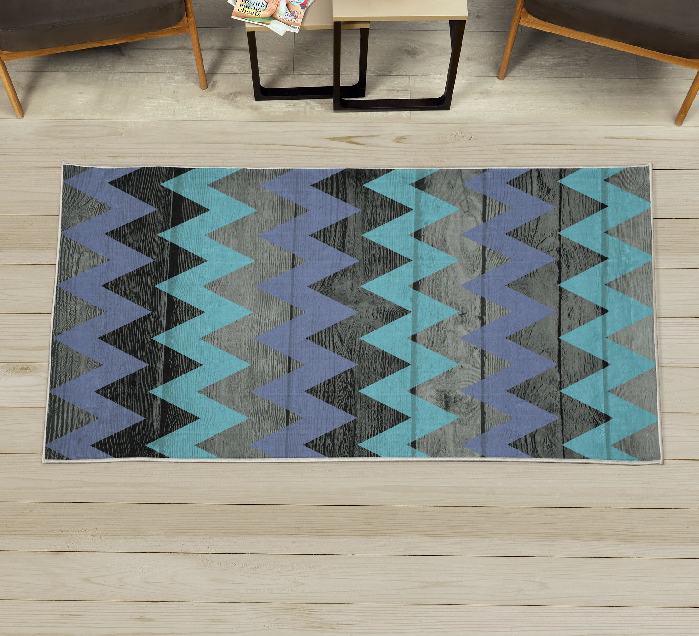 Chevron Decorative Rug, Zig Zag Lines Pattern on Wooden Looking ...