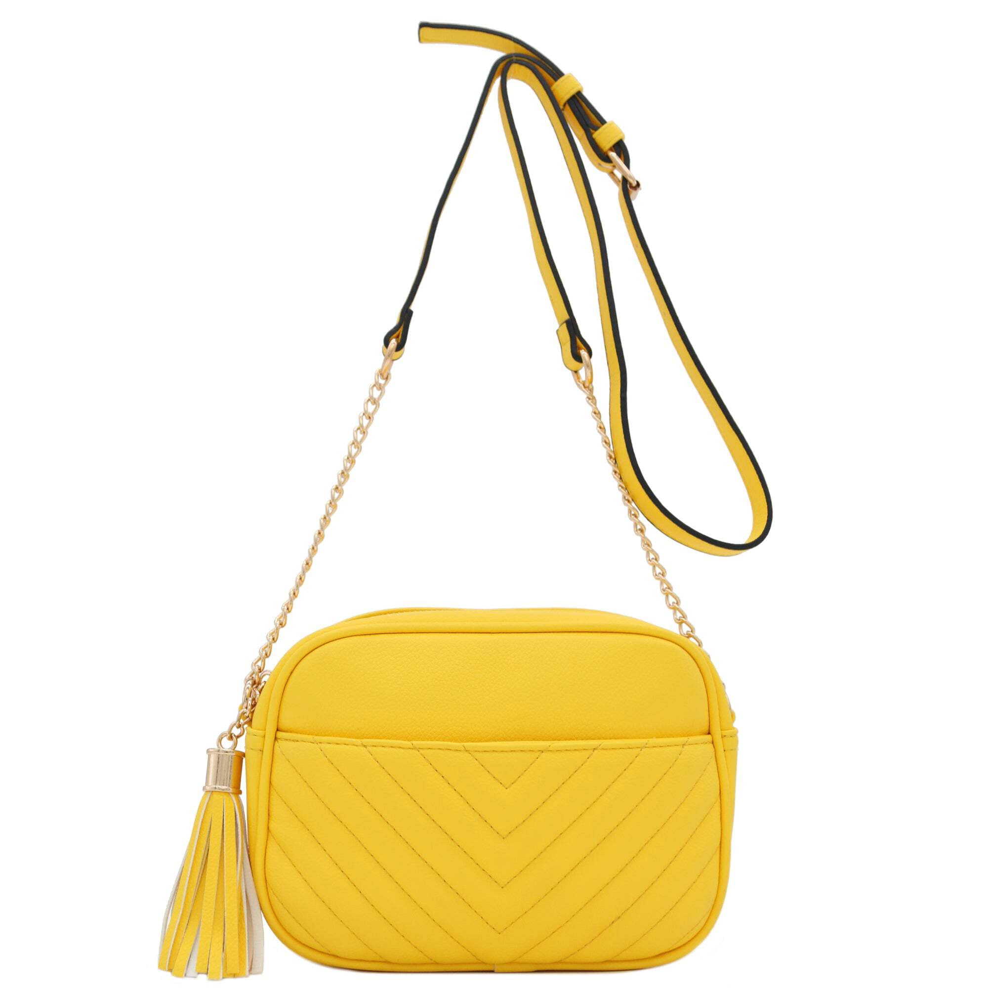 Chevron Quilted Crossbody Camera Bag with Chain Strap and Tassel ...