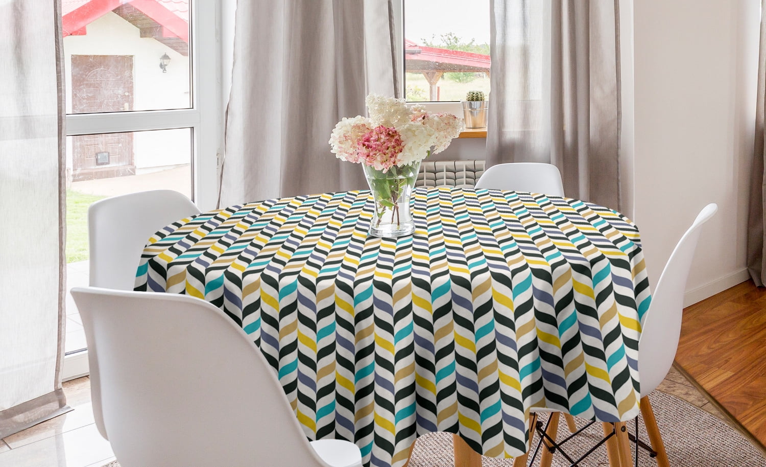 Chevron Round Tablecloth, Curvy Zig Zag Lines in Vertical Direction ...