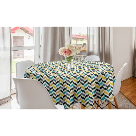 Chevron Round Tablecloth, Curvy Zig Zag Lines in Vertical Direction ...