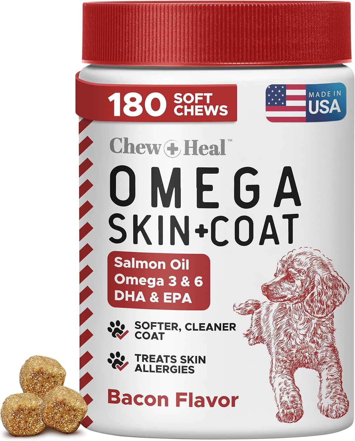 Chew + Heal Omega Skin & Coat Supplement, 180 Soft Chews, Bacon Flavor ...