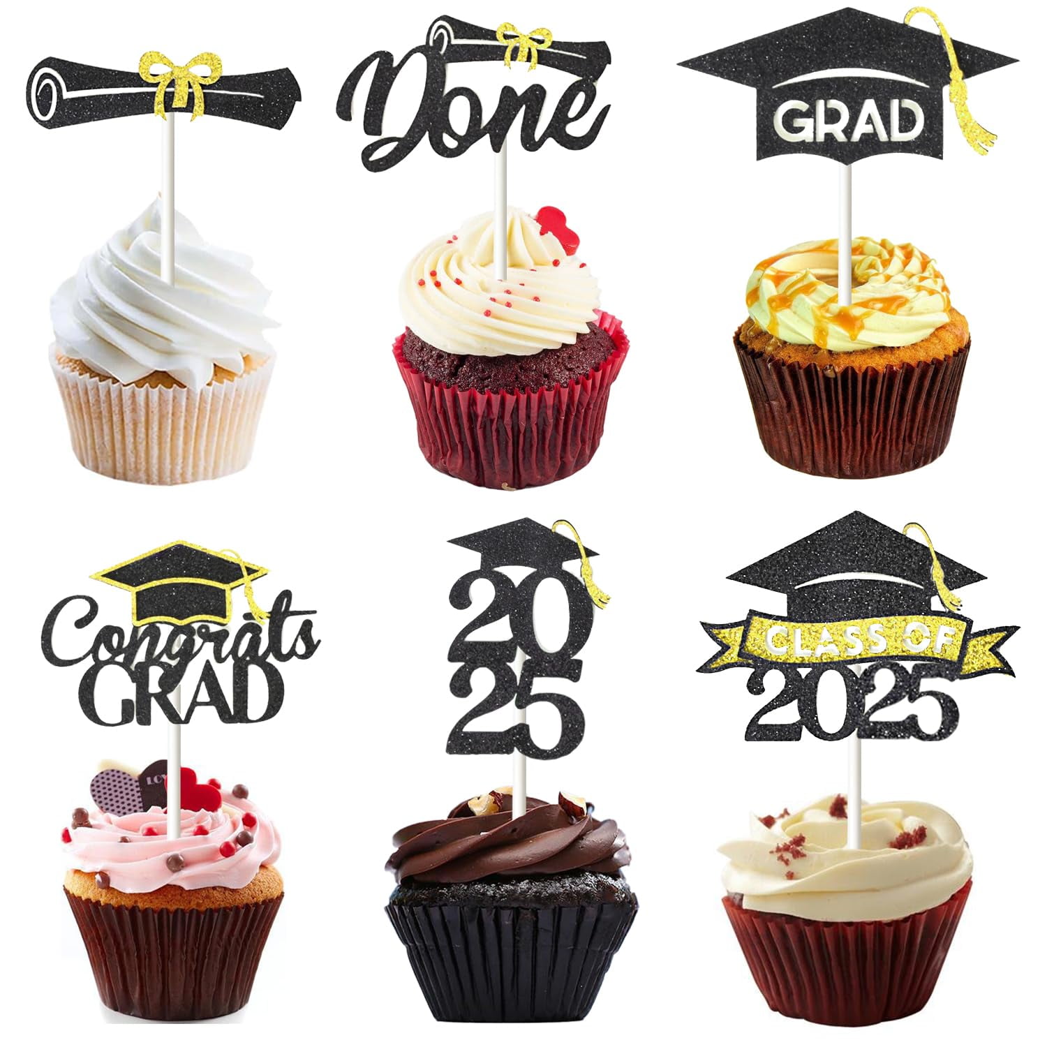 Chewarelly 24 Pack 2025 IFF17 Congrats Grad Cupcake Set, Glitter ...