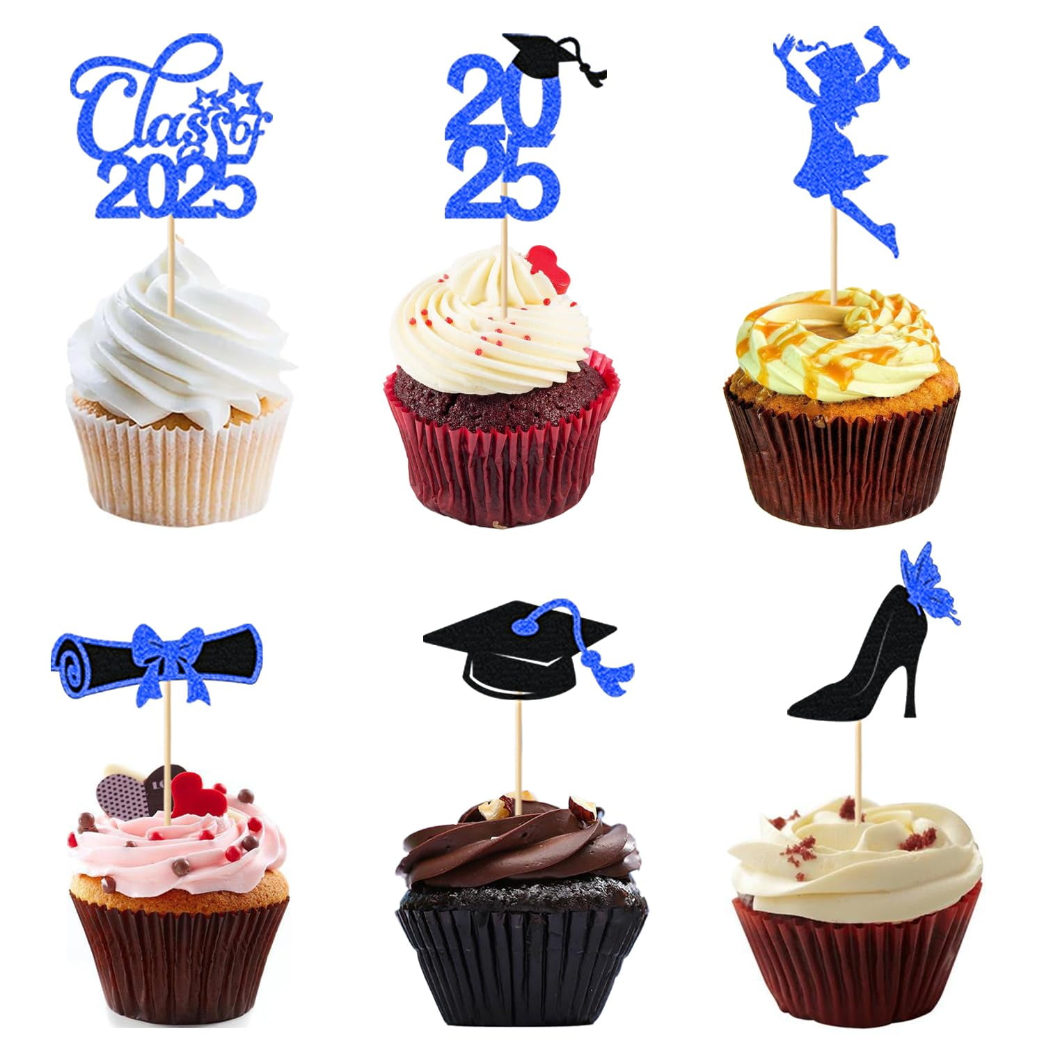 Chewarelly 24 Pack TWE5 2025 Congrats Grad Cupcake Toppers Set, Glitter ...