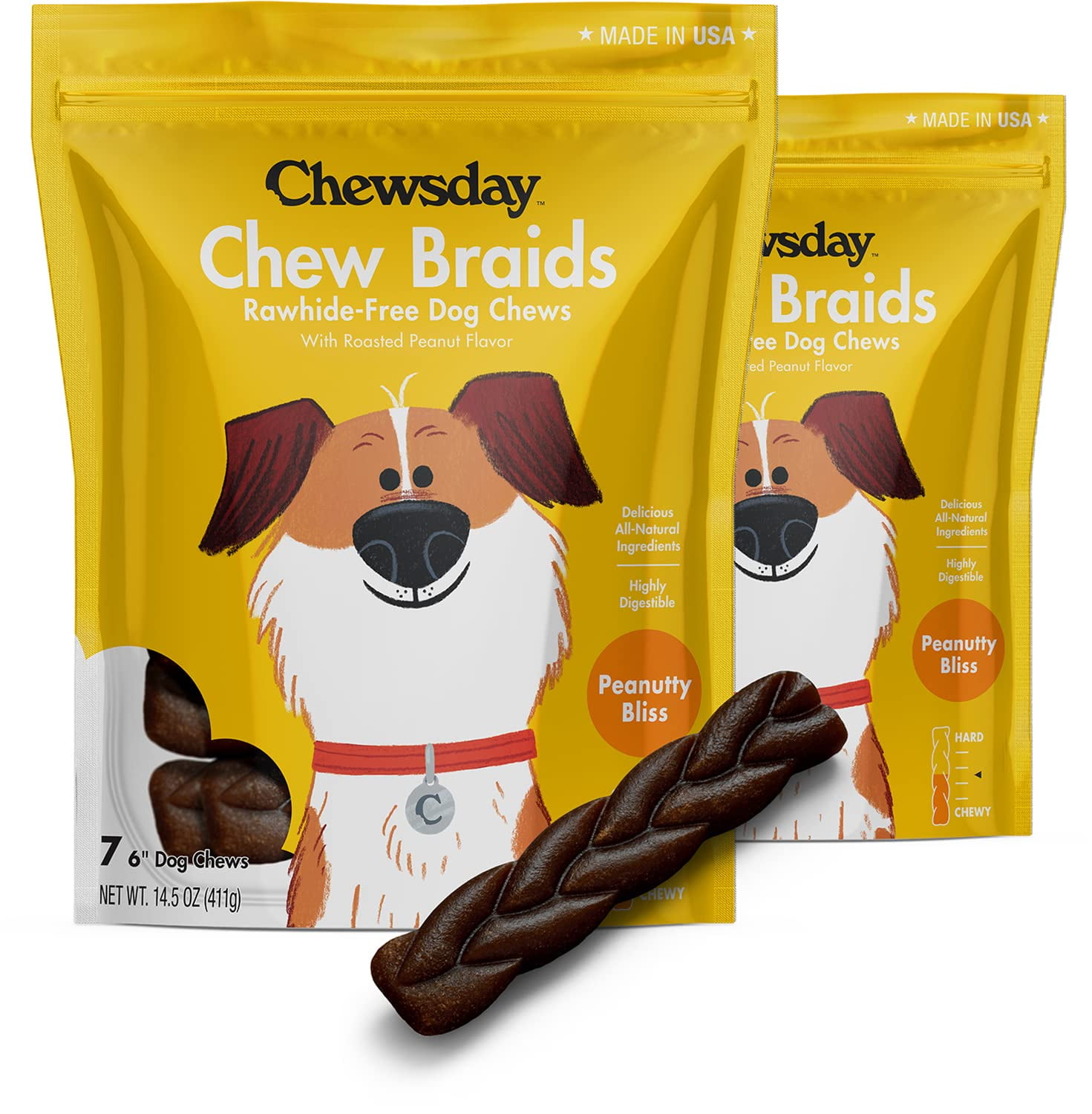 Chewsday 6-Inch Dog Chew Braids, Made in The USA, All Natural Rawhide ...