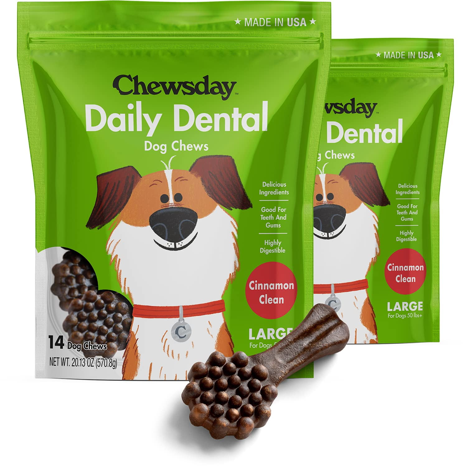 Chewsday Large Cinnamon Clean IRF13 Daily Dental Dog Chews, Made in The ...