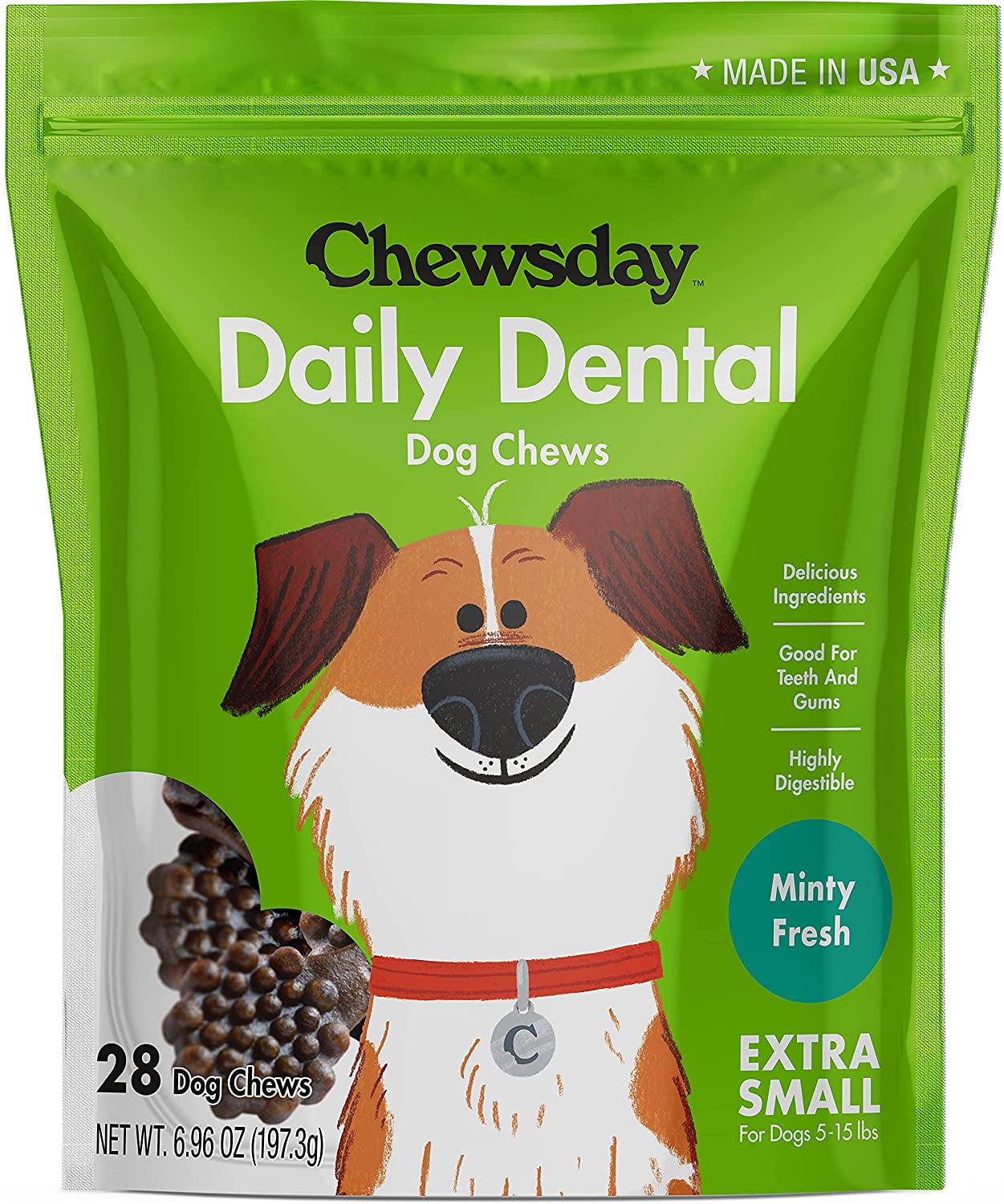 Chewsday Minty Fresh Daily Dental Dog Chews, Extra Small, 28 Count ...
