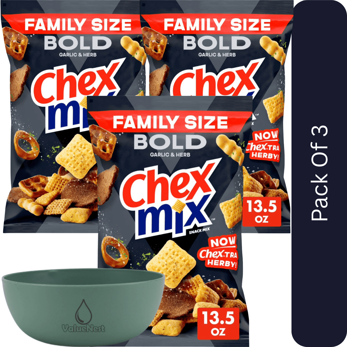 Chex Mix Bold Garlic & Herb Snack Mix, Family Size, 13.5 oz-3pk, With ...