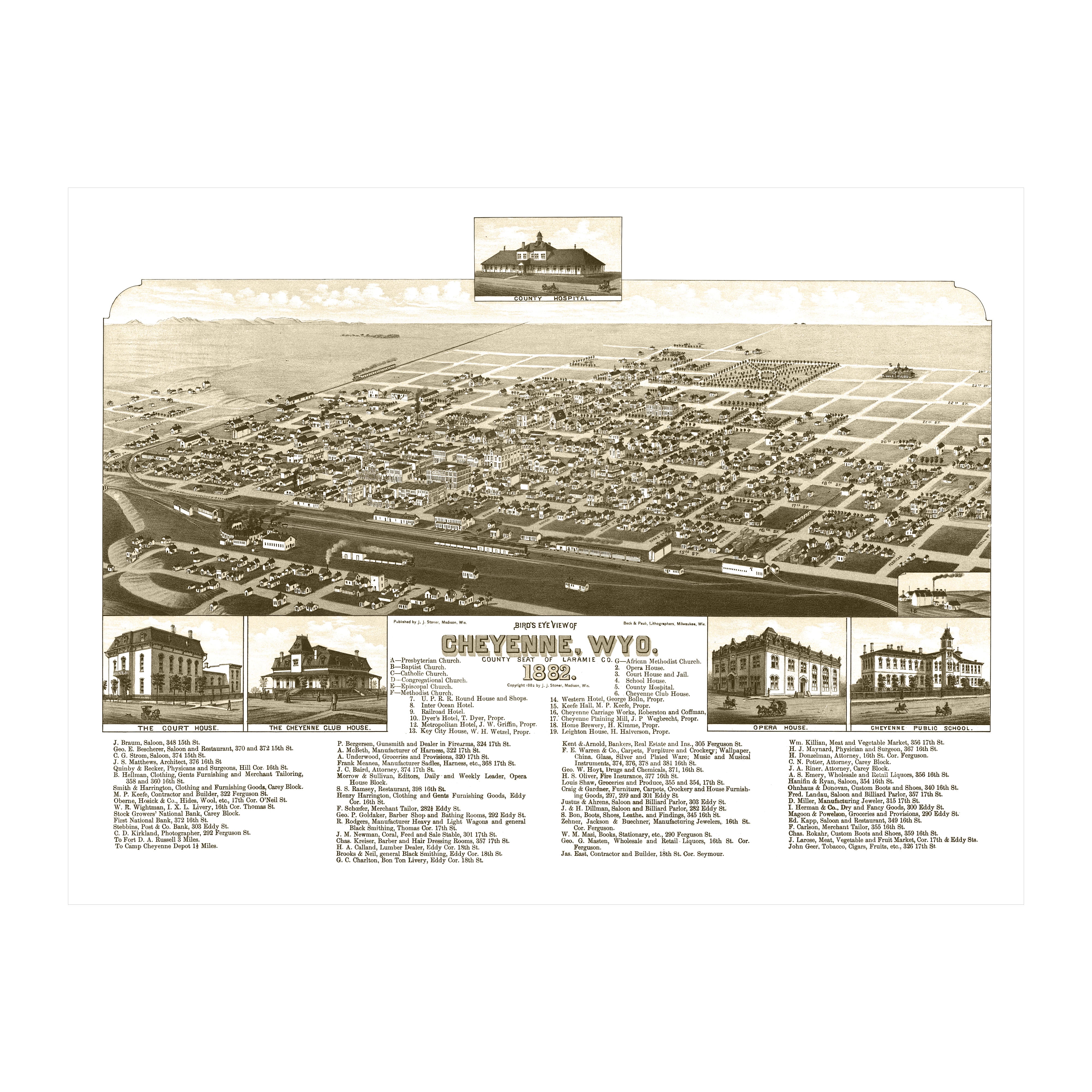 Cheyenne Art, 1882 Vintage Map of Cheyenne Wyoming, WY History Wall ...