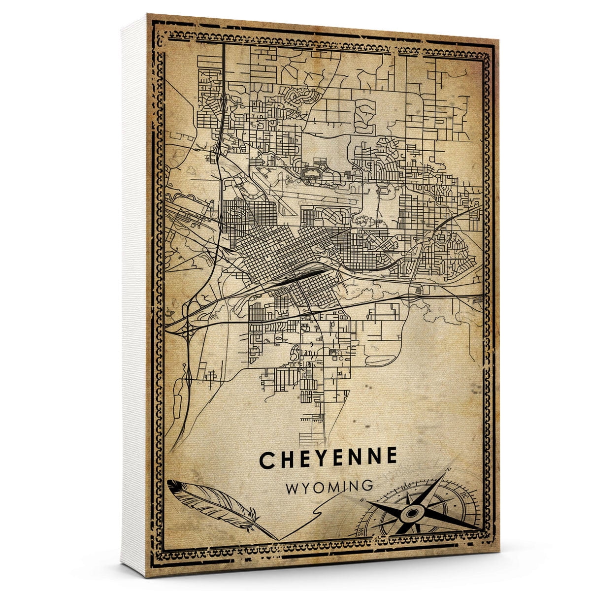 Cheyenne Vintage Map Prints Canvas, Wyoming Map Art Canvas, Canvas ...