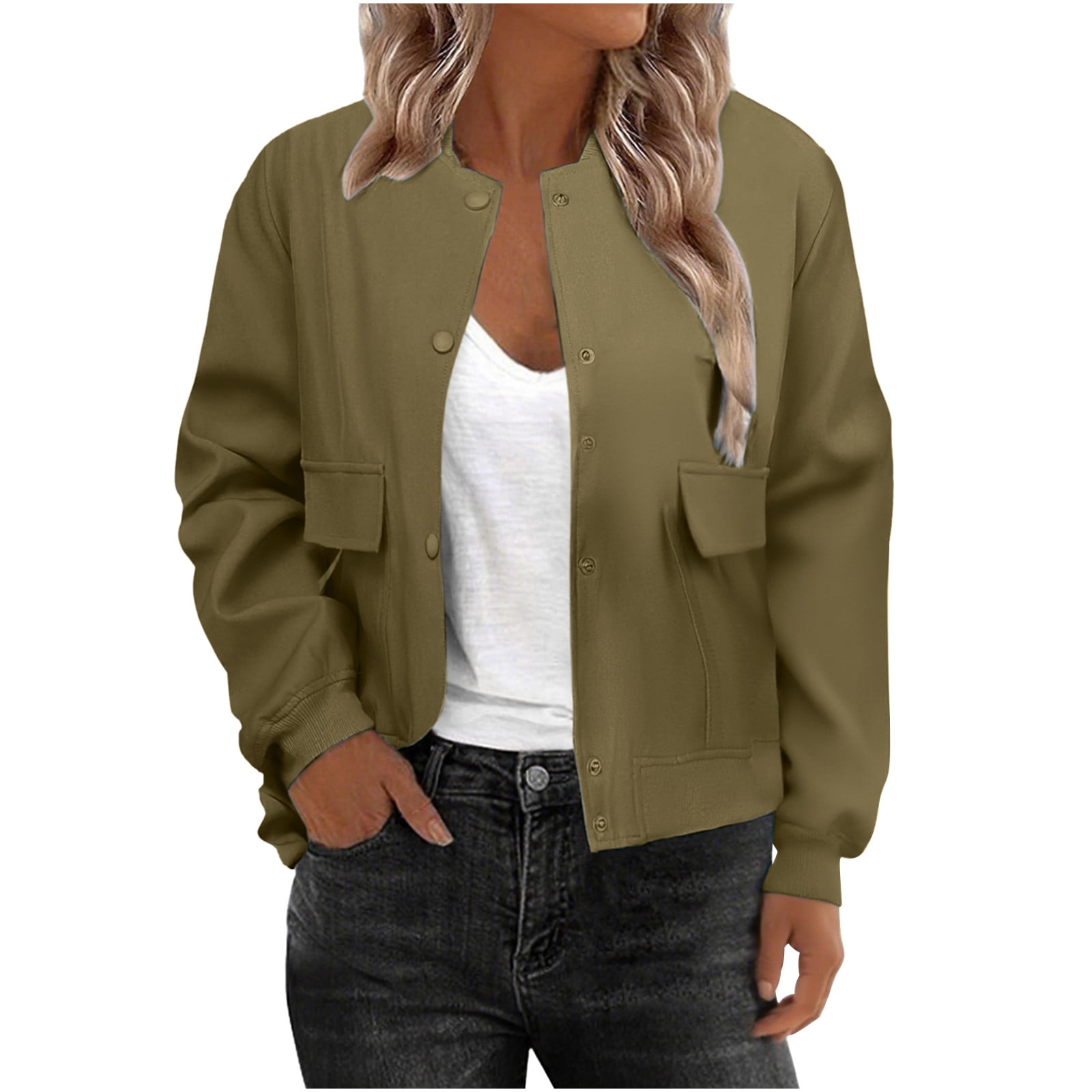 Cheytotty Jacket For Women Casual Button Down Jackets Collar Long Sleeve Shackets With Pockets ...