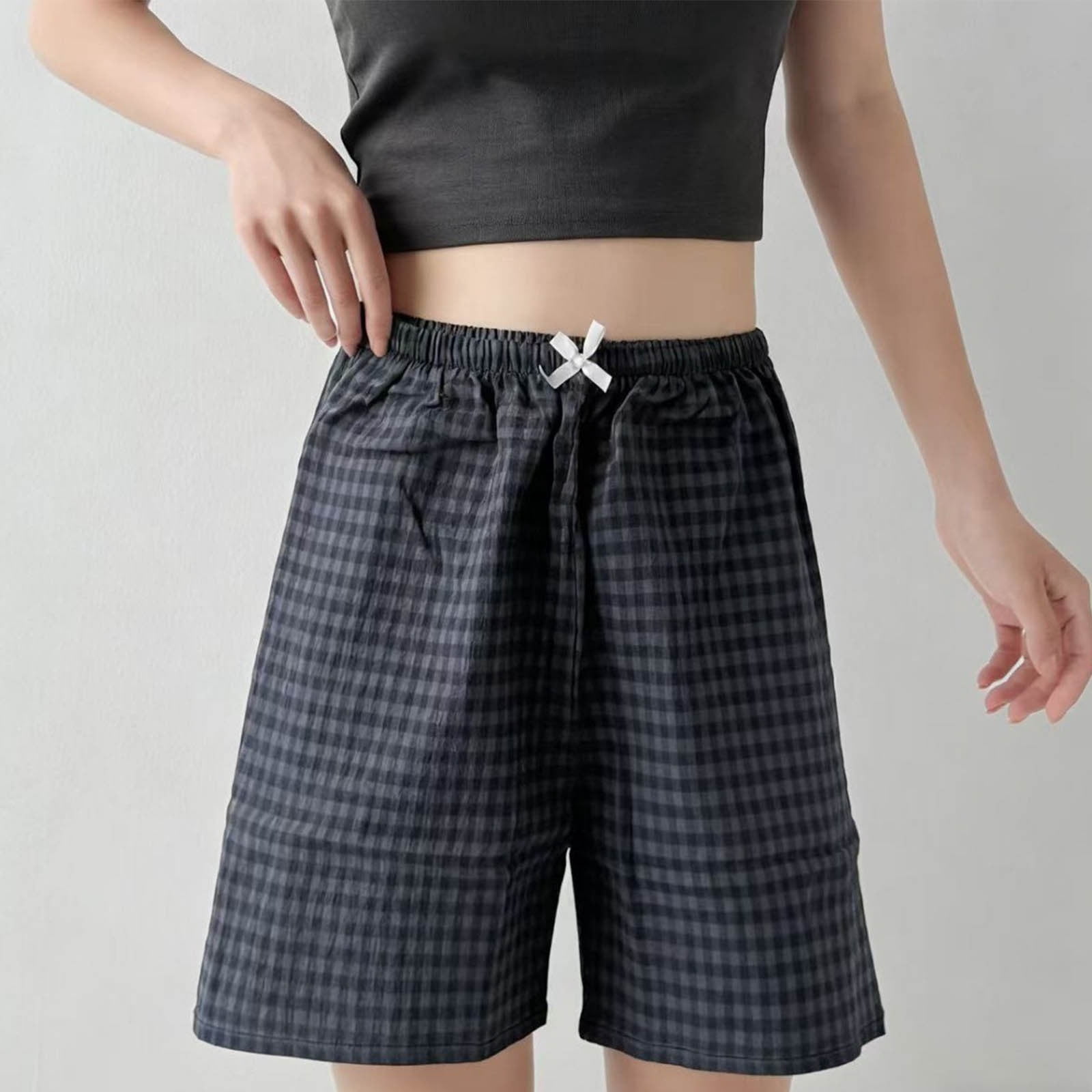 Cheytotty Ladies Plaid Sleep Pants, Bow Detail Wide Leg 5 Point, Thin ...