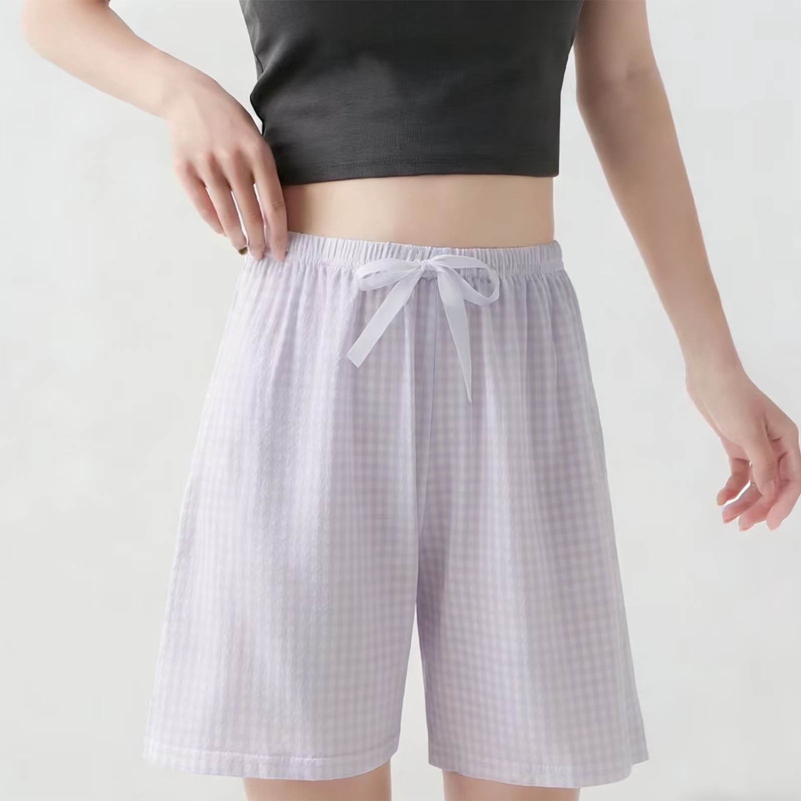 Cheytotty Ladies Plaid Sleep Pants, Bow Detail Wide Leg 5 Point, Thin ...