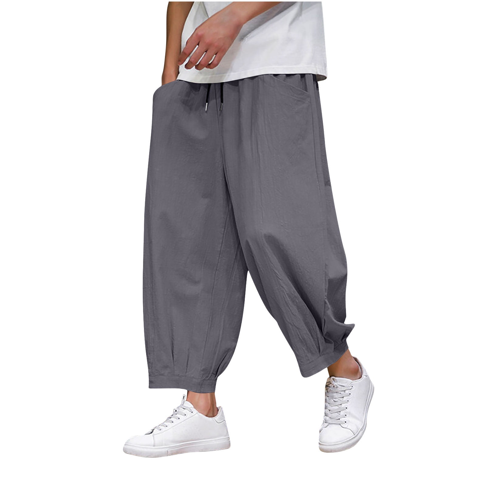 Cheytotty Mens Baggy Sweatpants Cotton Linen Pocket Elastic Waist Drop ...