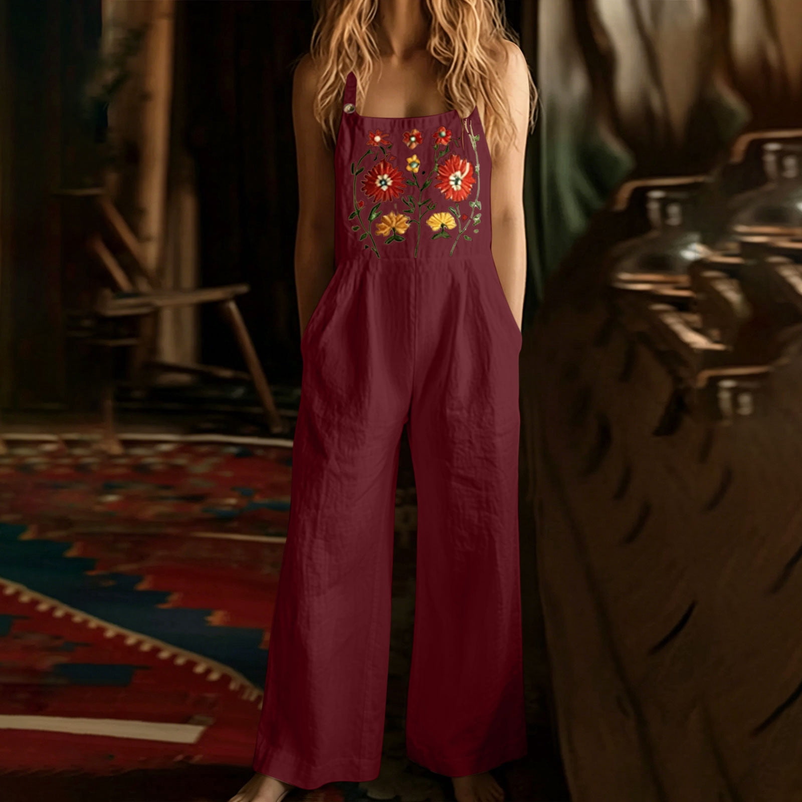Cheytotty Women's Boho Jumpsuit, Floral Embroidered Wide Leg ...