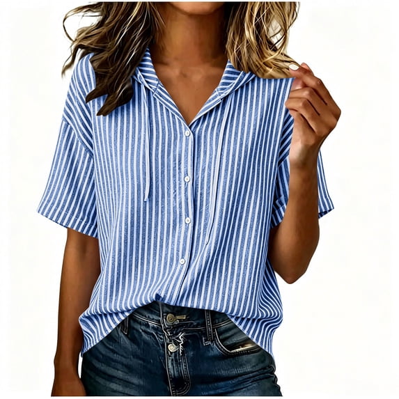 Cheytotty Women's Linen Blouse, Short Sleeve Collar Hoodie, Solid Color ...