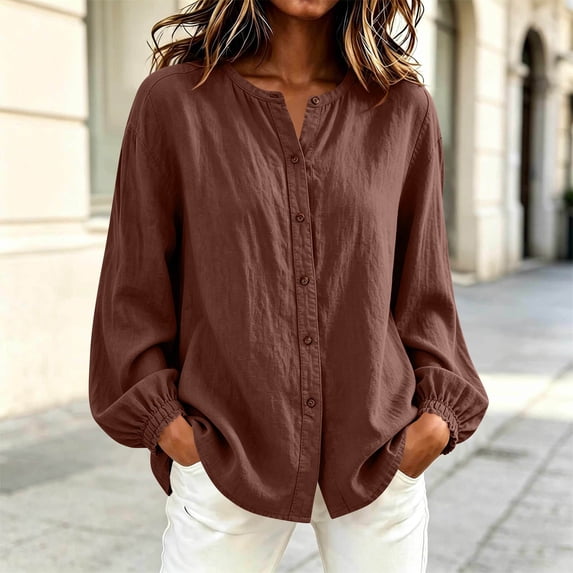 Cheytotty Women's Linen Blouse, Solid Color Long Sleeve Summer Top ...