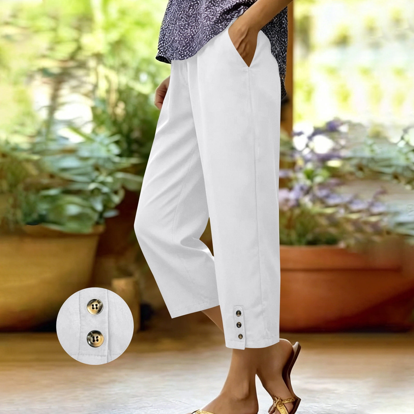 Cheytotty Women's Linen Trousers, Solid Color Elastic Waist, Button ...