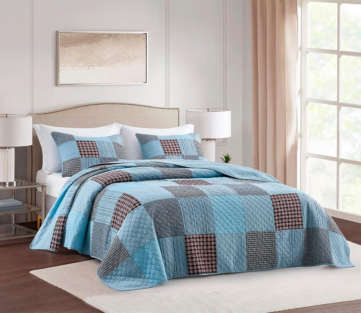 Chezmoi Collection 2-Piece Cotton Patchwork Quilt Set, Solid Plaid ...