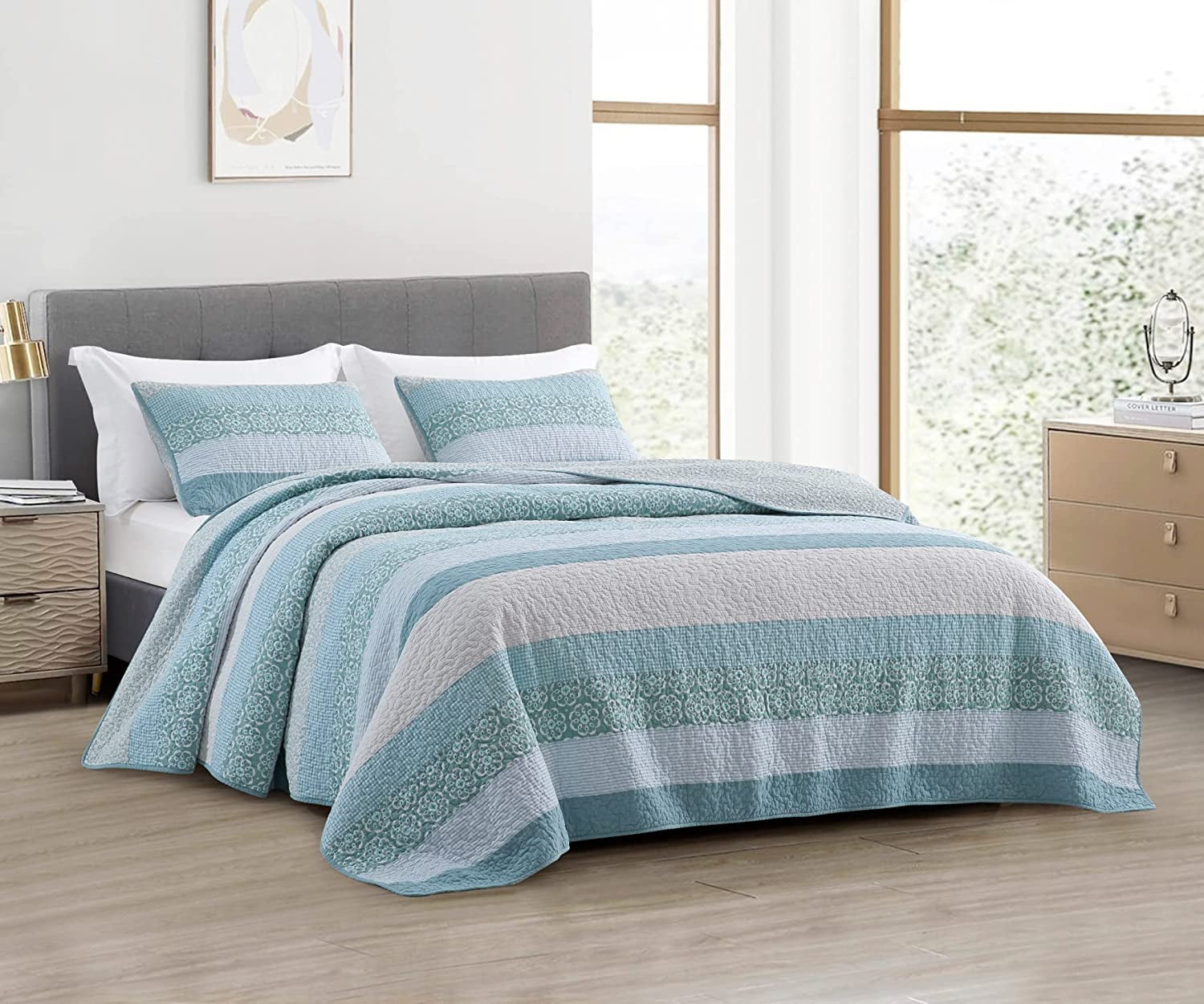 Chezmoi Collection 3-Piece Boho Chic Ditsy Floral Striped Patchwork Cotton Quilt Reversible ...