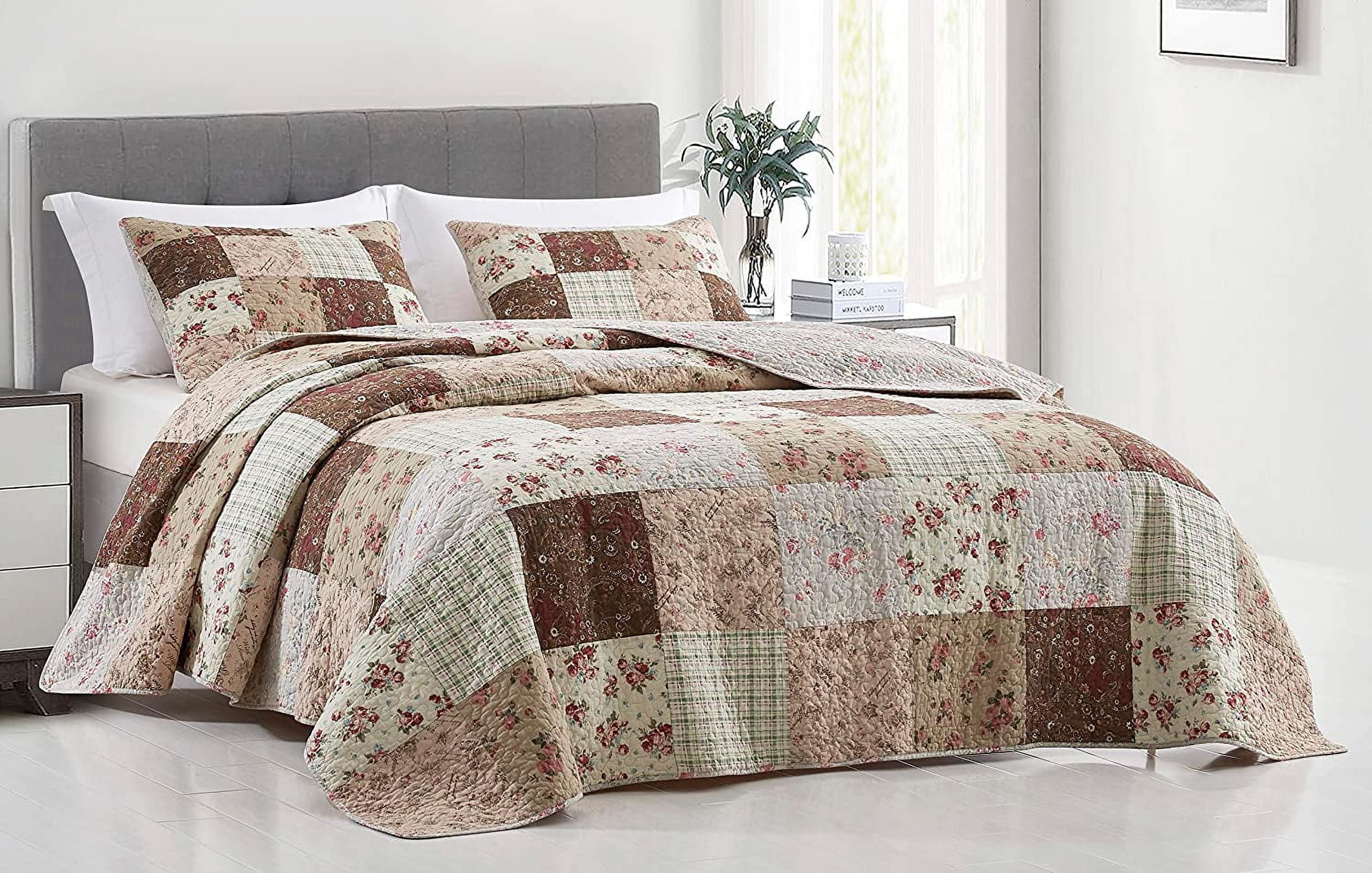 Chezmoi Collection 3-Piece Chic Cotton Patchwork Quilt Set, Floral ...