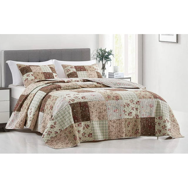 Chezmoi Collection 3-Piece Chic Cotton Patchwork Quilt Set, Floral ...
