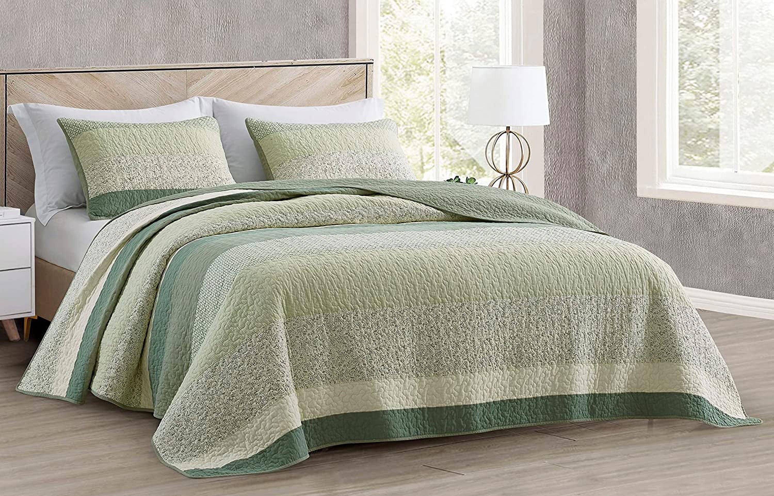 Chezmoi Collection King Size Green Floral Patchwork Cotton Quilt Set ...