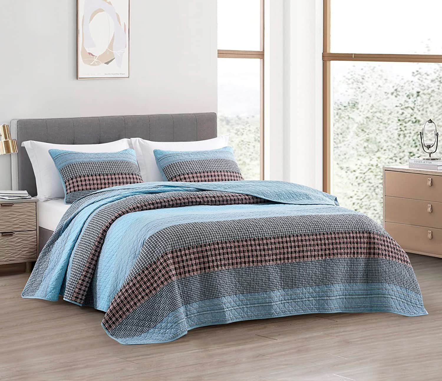 Chezmoi Collection 3-Piece Cotton Patchwork Quilt Set, Solid Plaid ...