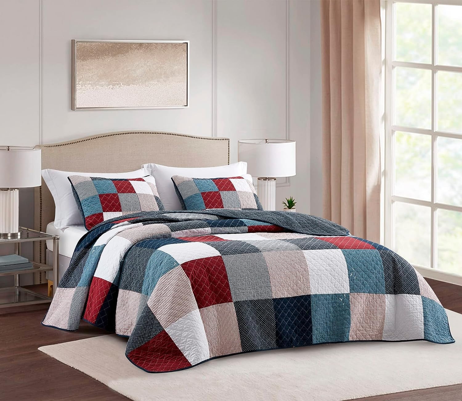 Chezmoi Collection 3-Piece Cotton Patchwork Quilt Set, Solid Polka Dot ...