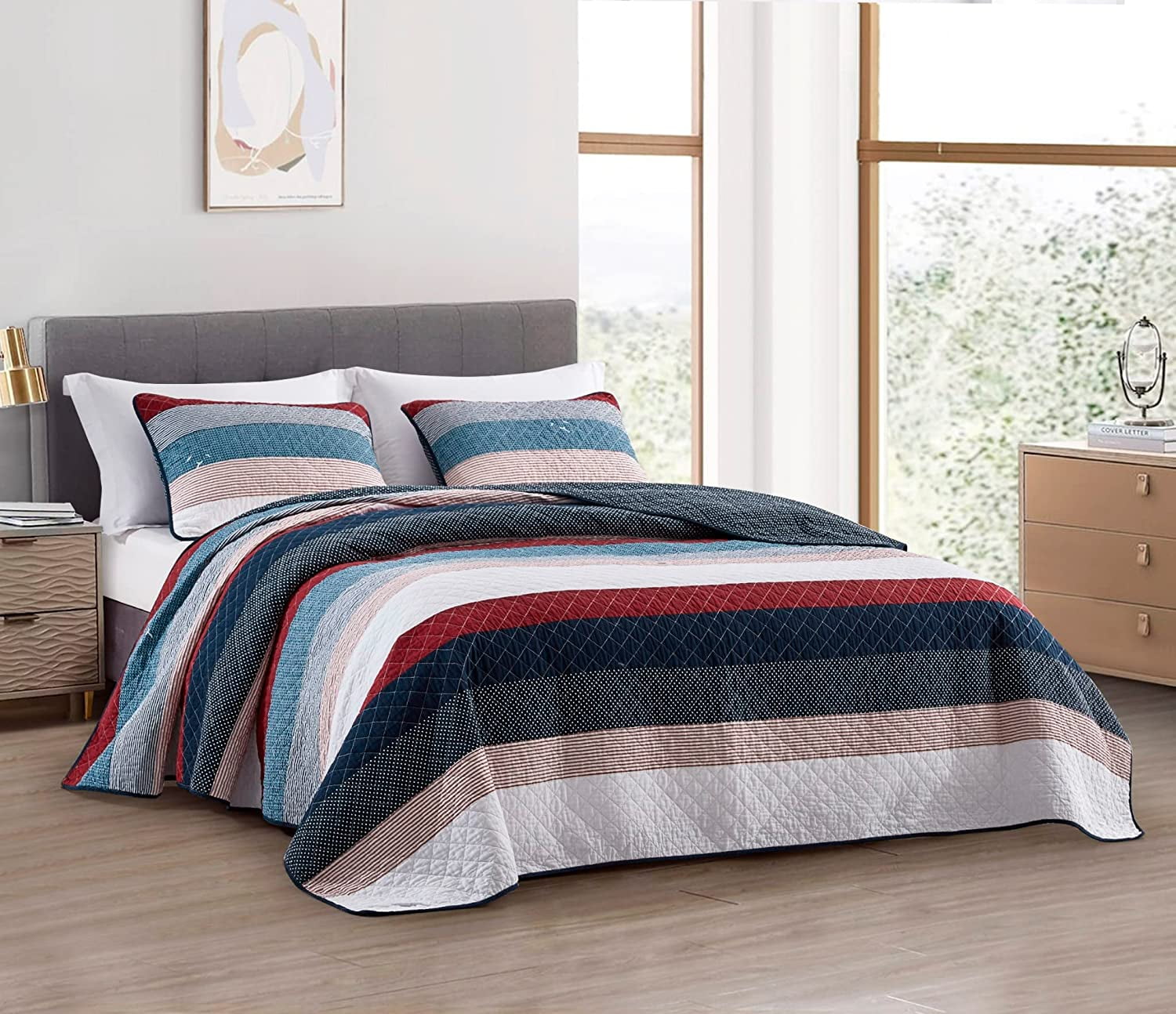 Chezmoi Collection 3-Piece Cotton Patchwork Striped Quilt Set, Solid ...