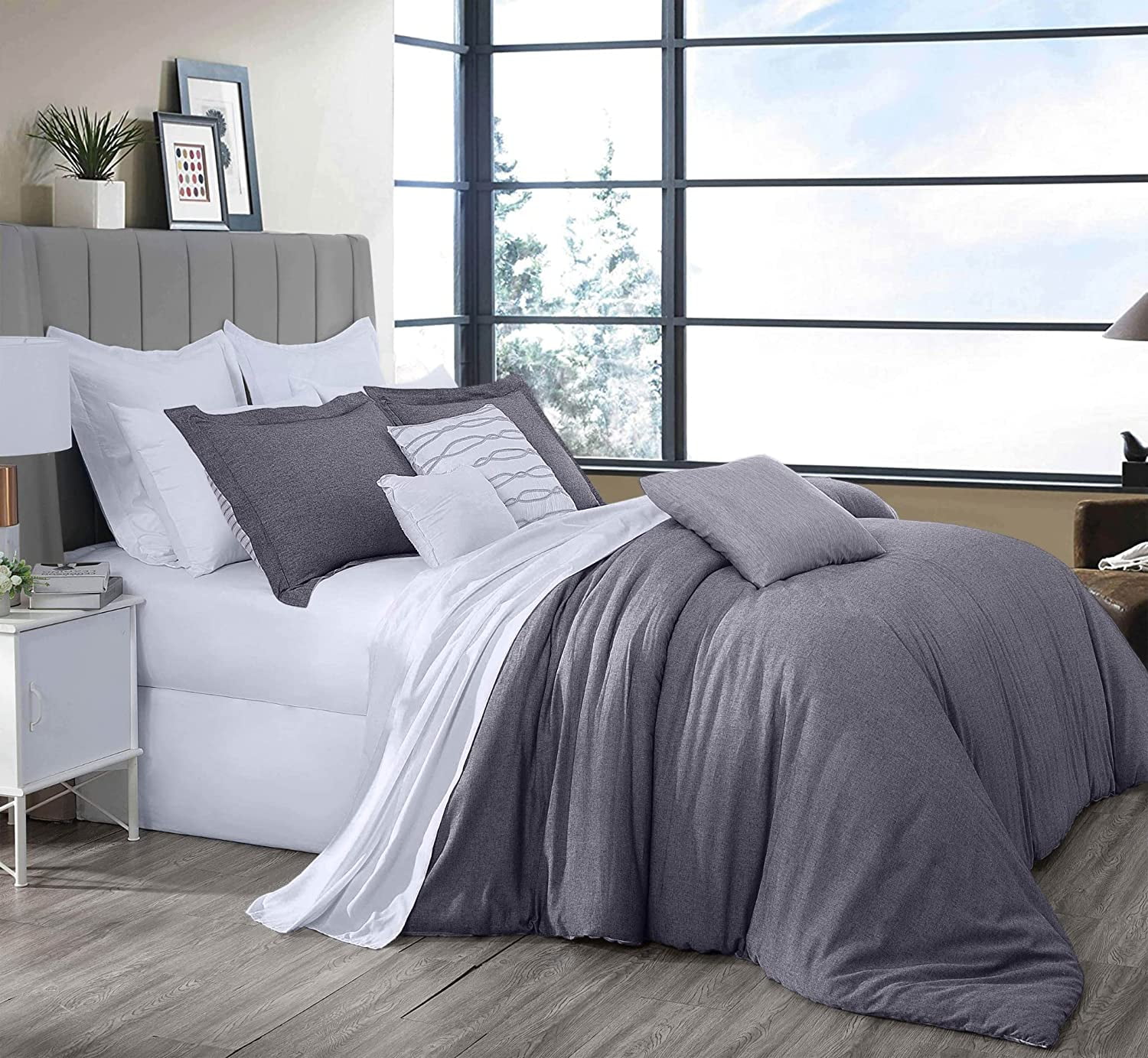 Chezmoi Collection King Size 3-Piece Chambray Cotton Comforter Set with ...