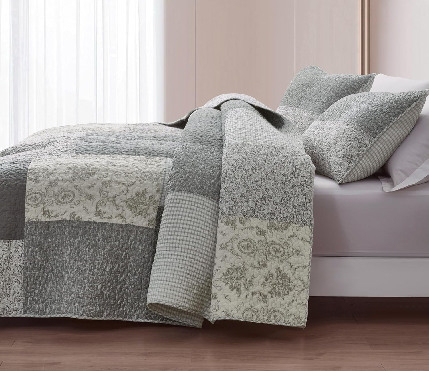 Chezmoi Collection 3-Piece Muted Gray White Ivory Floral Plaid ...