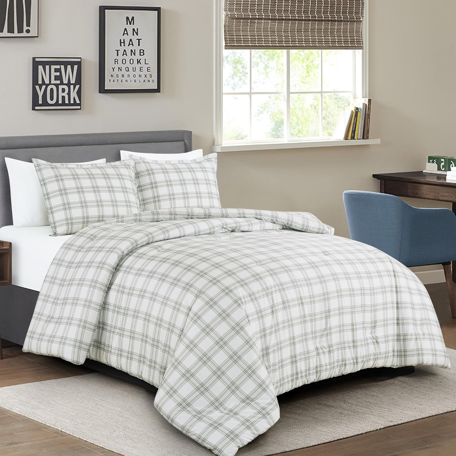 Chezmoi Collection 3-Piece Plaid Comforter Set Queen Size, Gray White ...