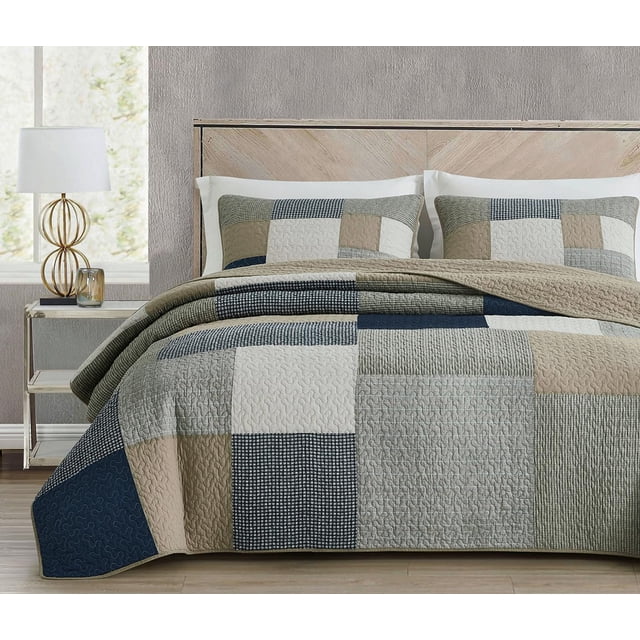Chezmoi Collection 3-Piece Plaid Cotton Patchwork Quilt Reversible ...