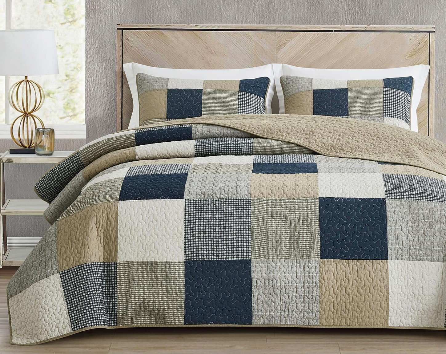 Chezmoi Collection 3-Piece Plaid Square Patchwork Cotton Quilt Set, Navy Blue White Gray Taupe ...