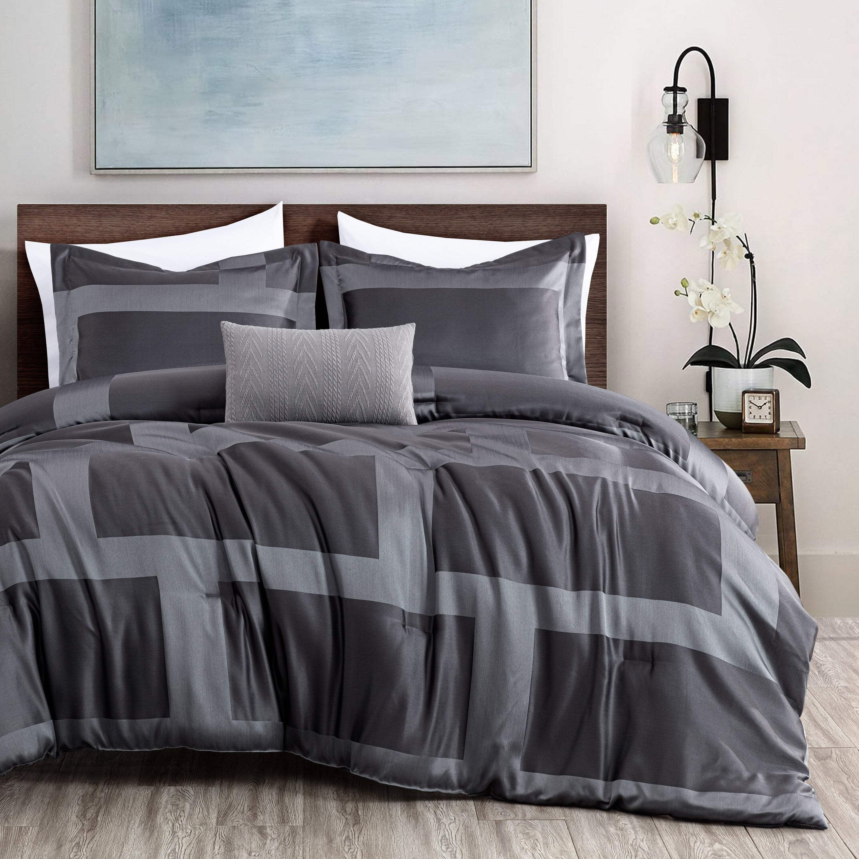 Chezmoi Collection 4-Piece Geometric Jacquard Comforter Set Queen Size, Soft Silky Lustrous ...