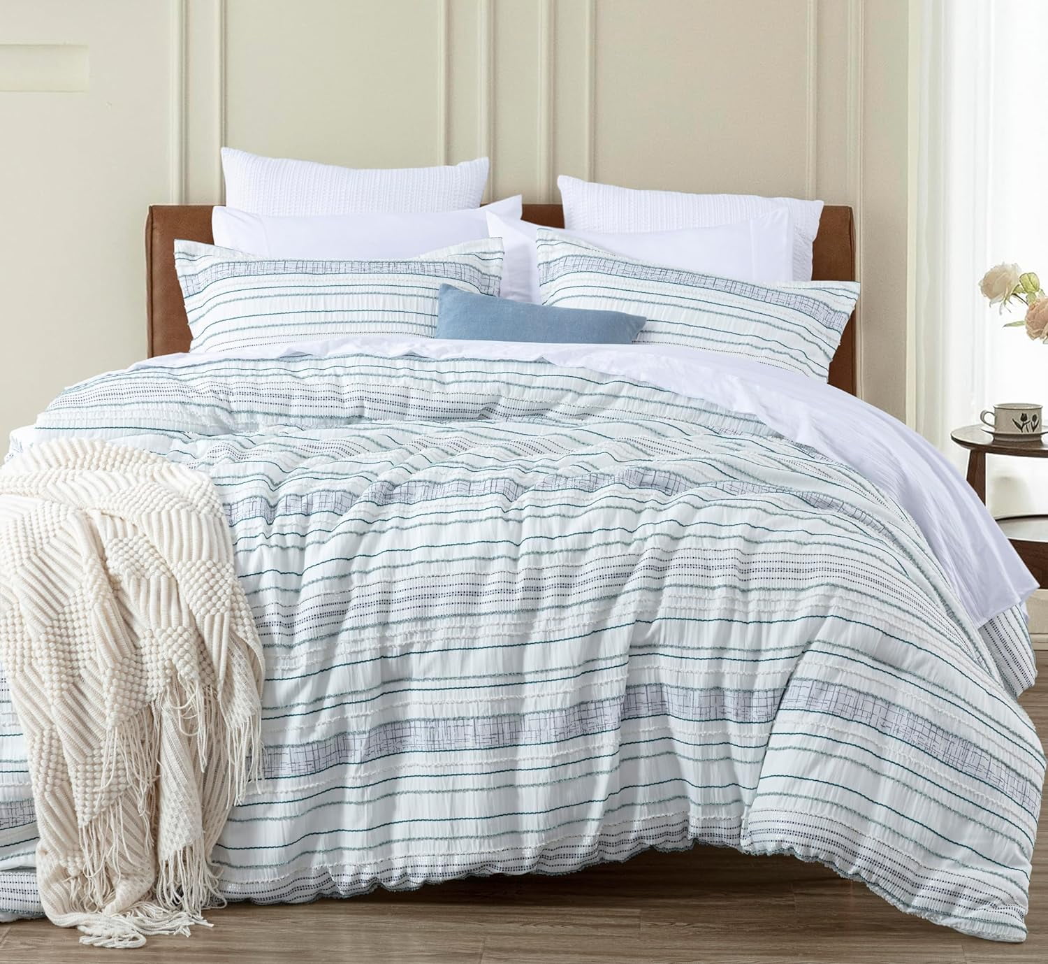 Chezmoi Collection 5-Piece Boho Clip Jacquard Bed in a Bag Set Twin Size, Teal Blue White ...