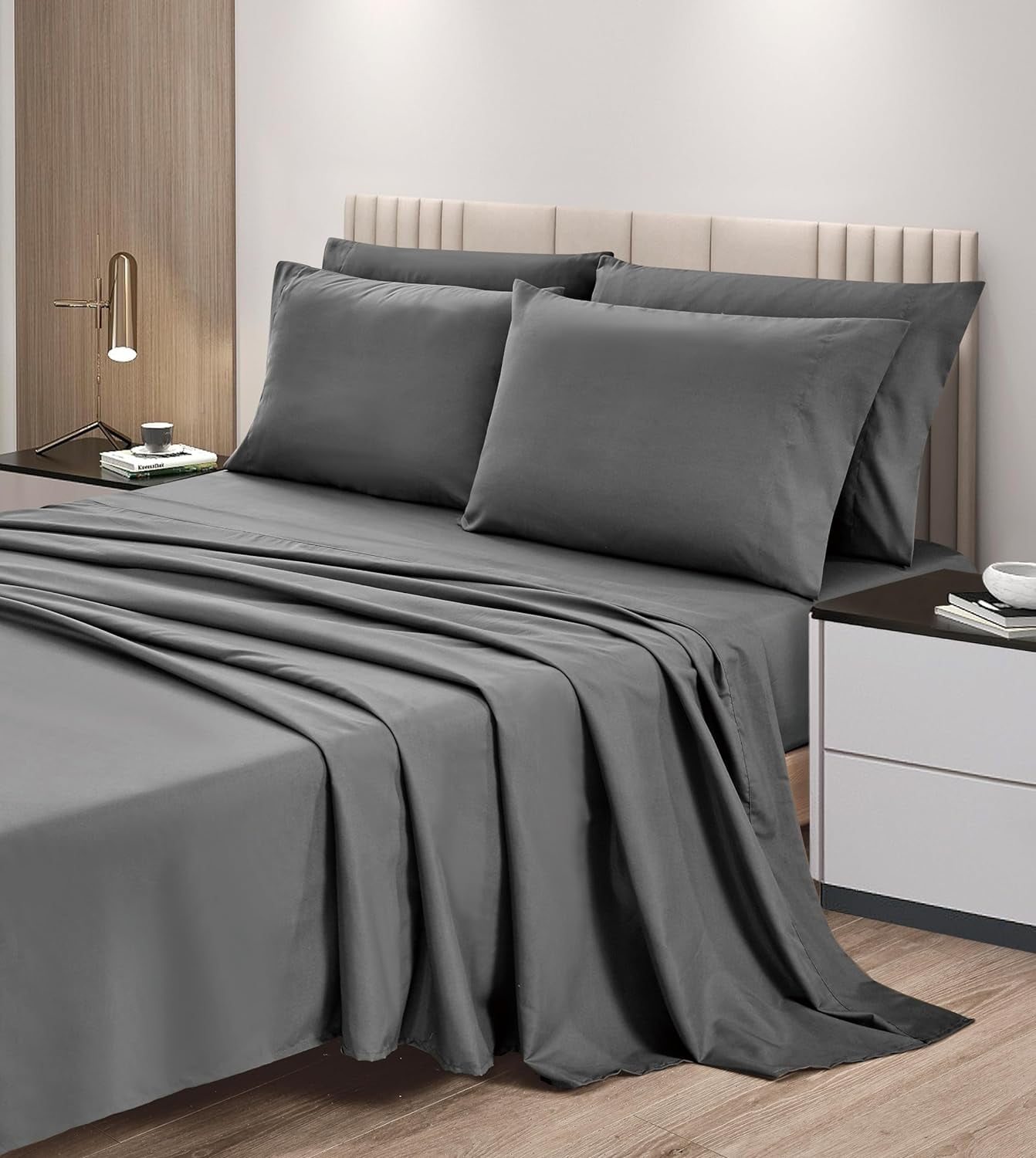 Chezmoi Collection 6-Piece Gray Sheet Set Queen - Extra Soft Breathable ...